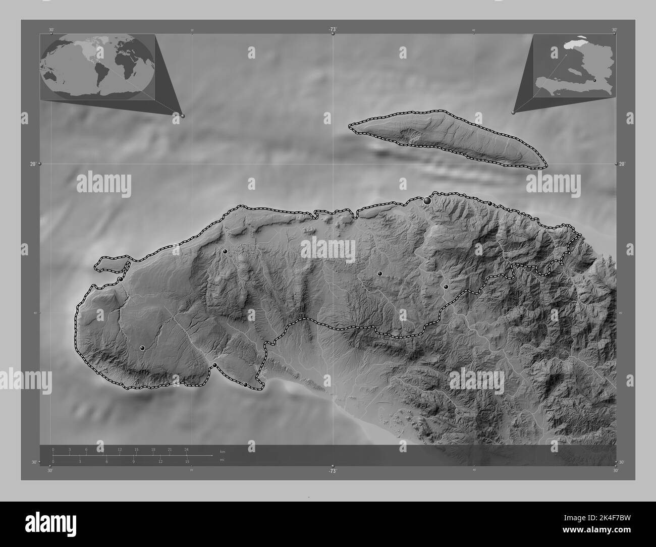 Nord-Ouest, department of Haiti. Grayscale elevation map with lakes and ...