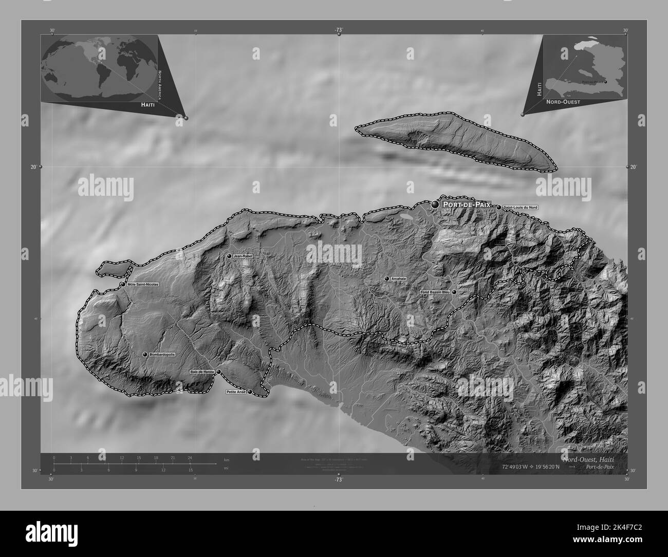 Nord-Ouest, department of Haiti. Bilevel elevation map with lakes and ...
