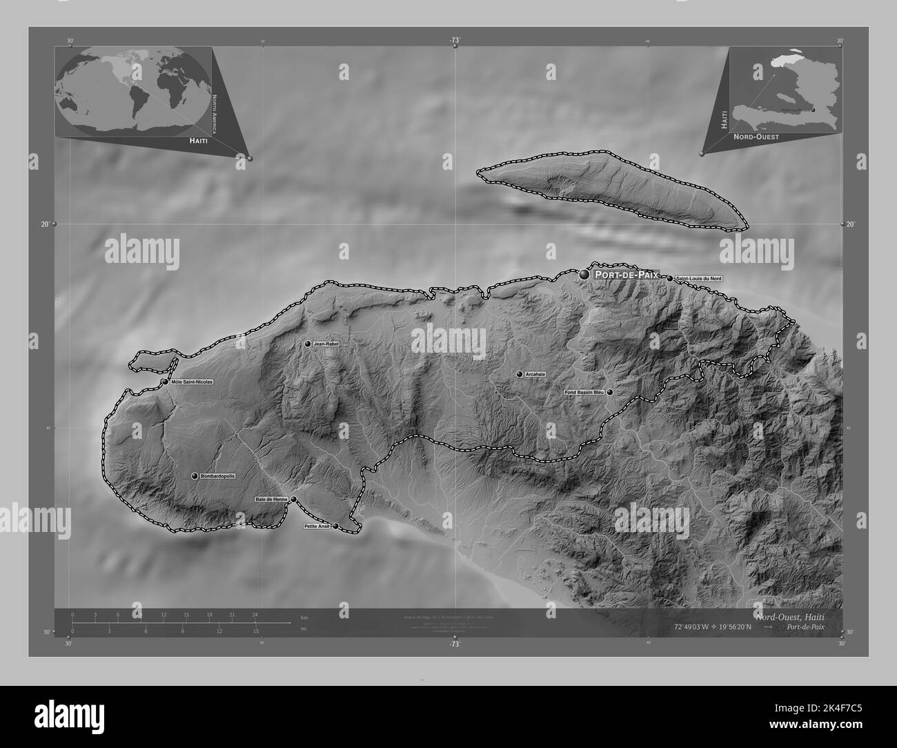 Nord-Ouest, department of Haiti. Grayscale elevation map with lakes and ...