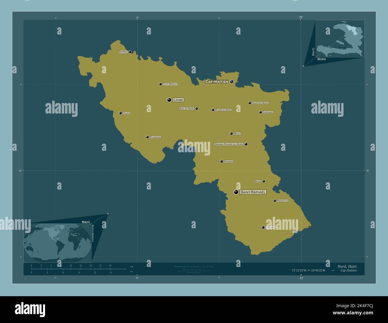 Nord, department of Haiti. Solid color shape. Locations and names of ...