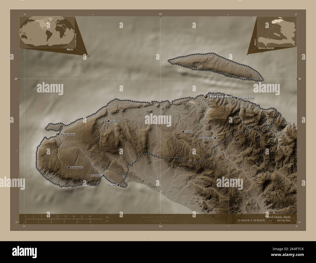 Nord-Ouest, department of Haiti. Elevation map colored in sepia tones ...