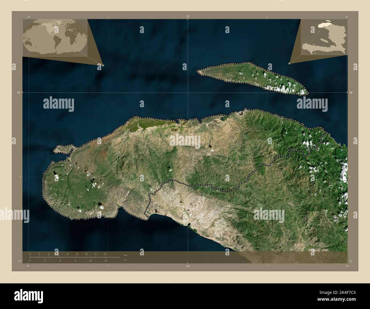 Nord-Ouest, department of Haiti. High resolution satellite map. Corner ...