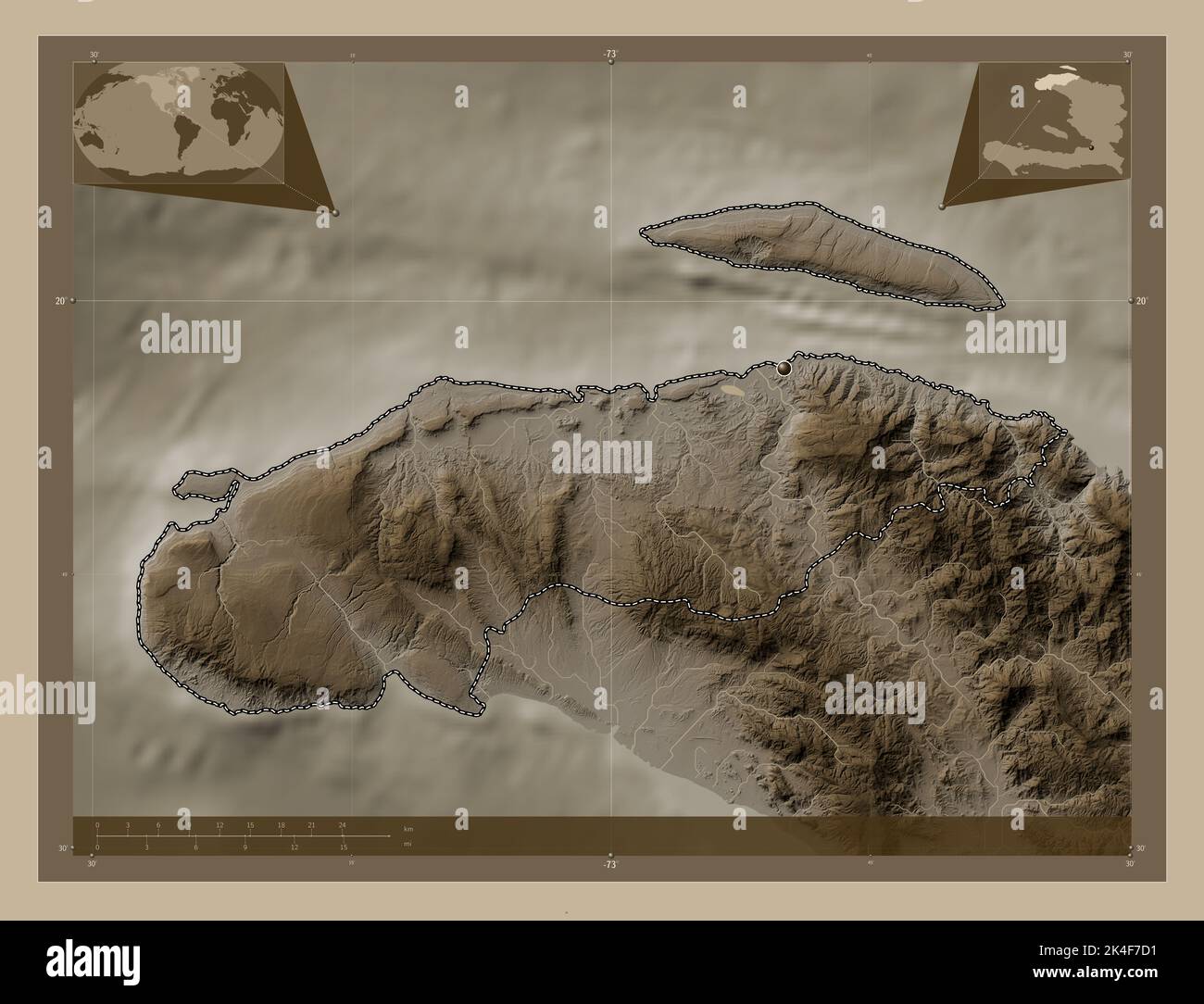 Nord-Ouest, department of Haiti. Elevation map colored in sepia tones ...