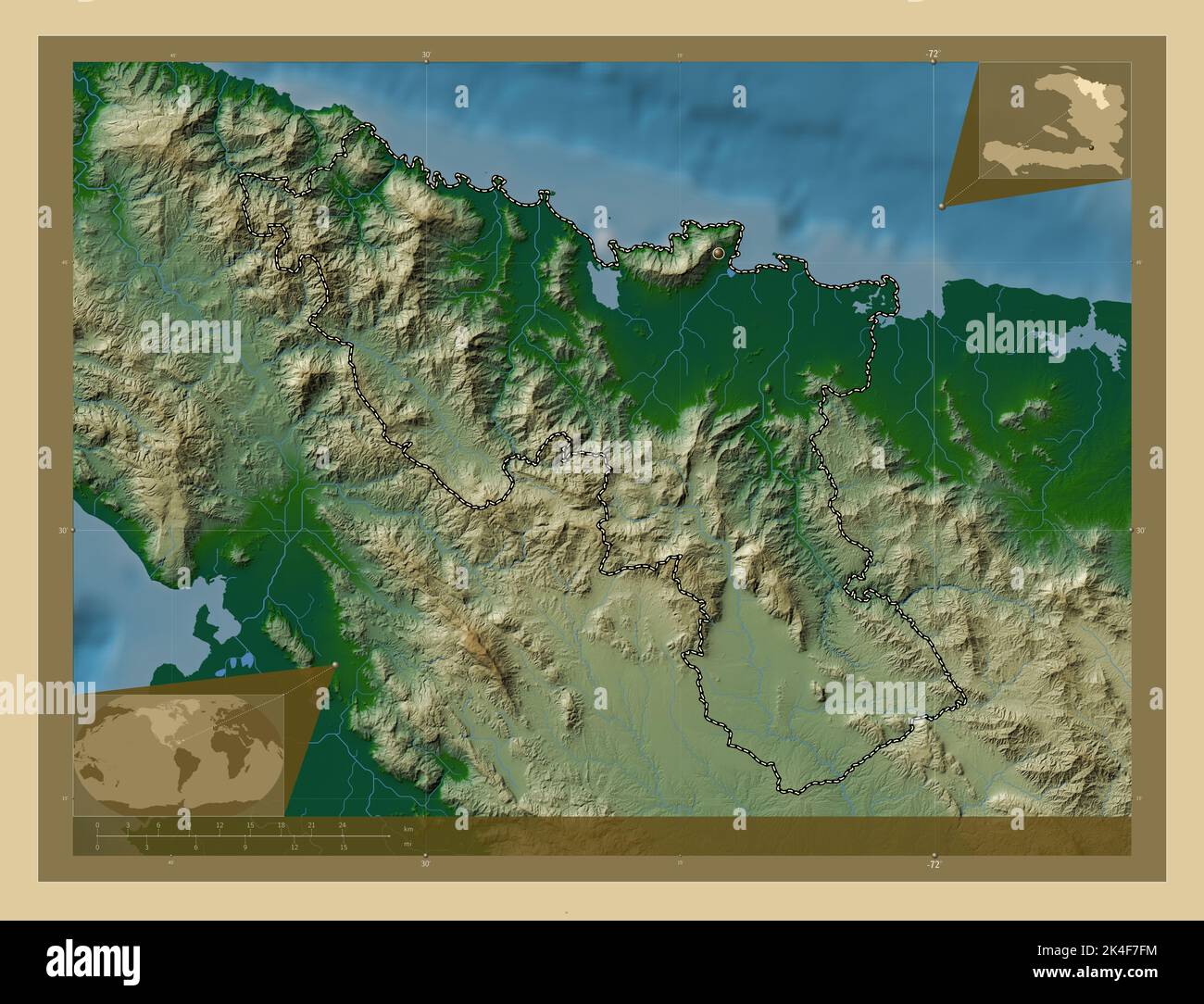 Nord, department of Haiti. Colored elevation map with lakes and rivers ...