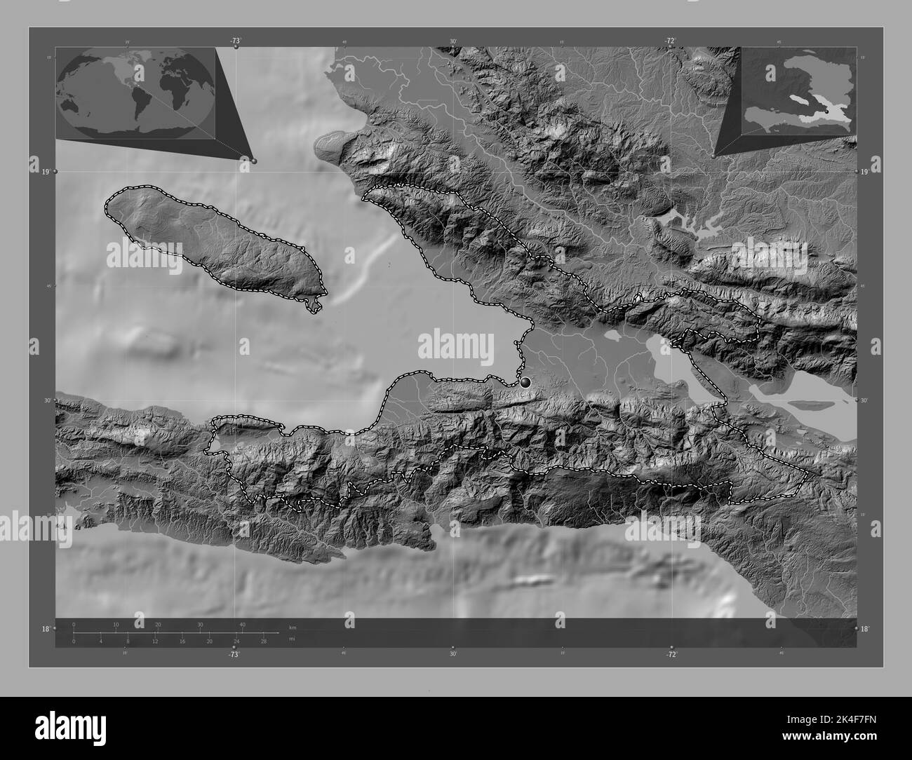 Ouest, department of Haiti. Bilevel elevation map with lakes and rivers. Corner auxiliary ...
