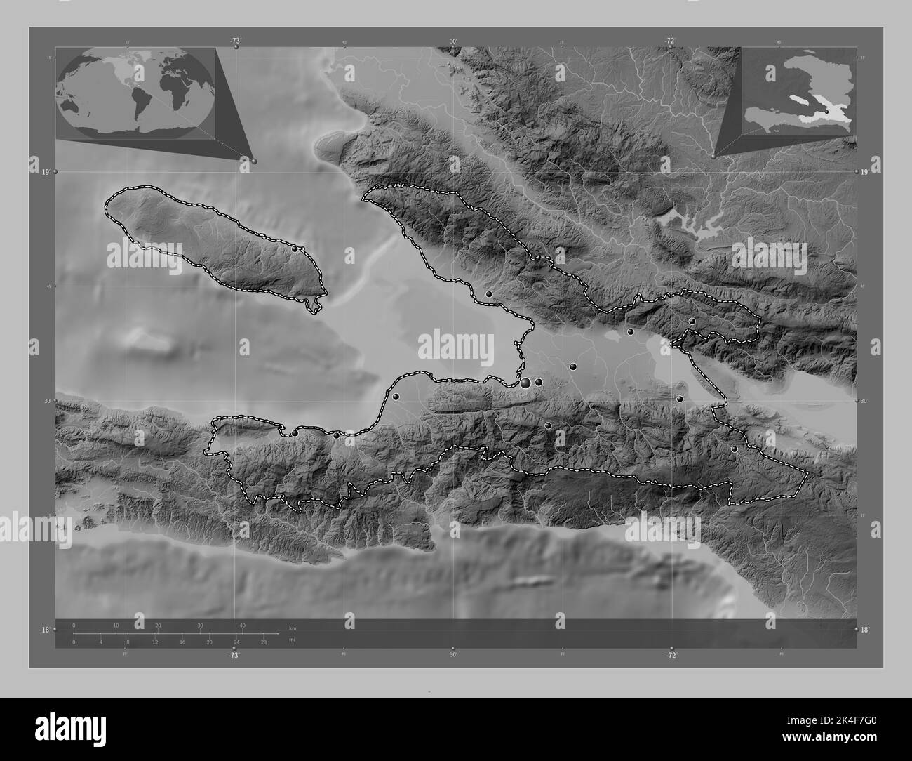Ouest, department of Haiti. Grayscale elevation map with lakes and ...