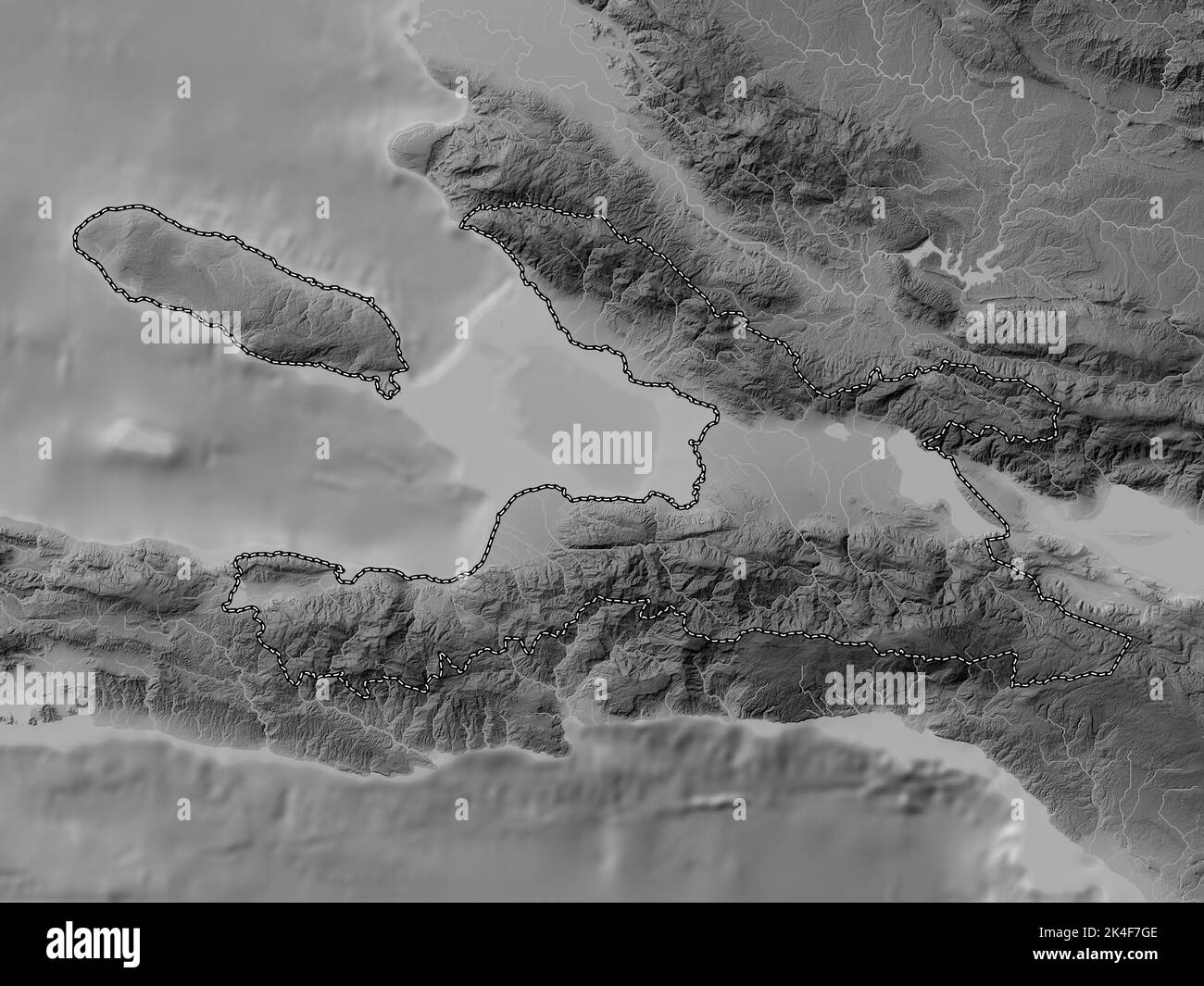 Ouest, department of Haiti. Grayscale elevation map with lakes and ...