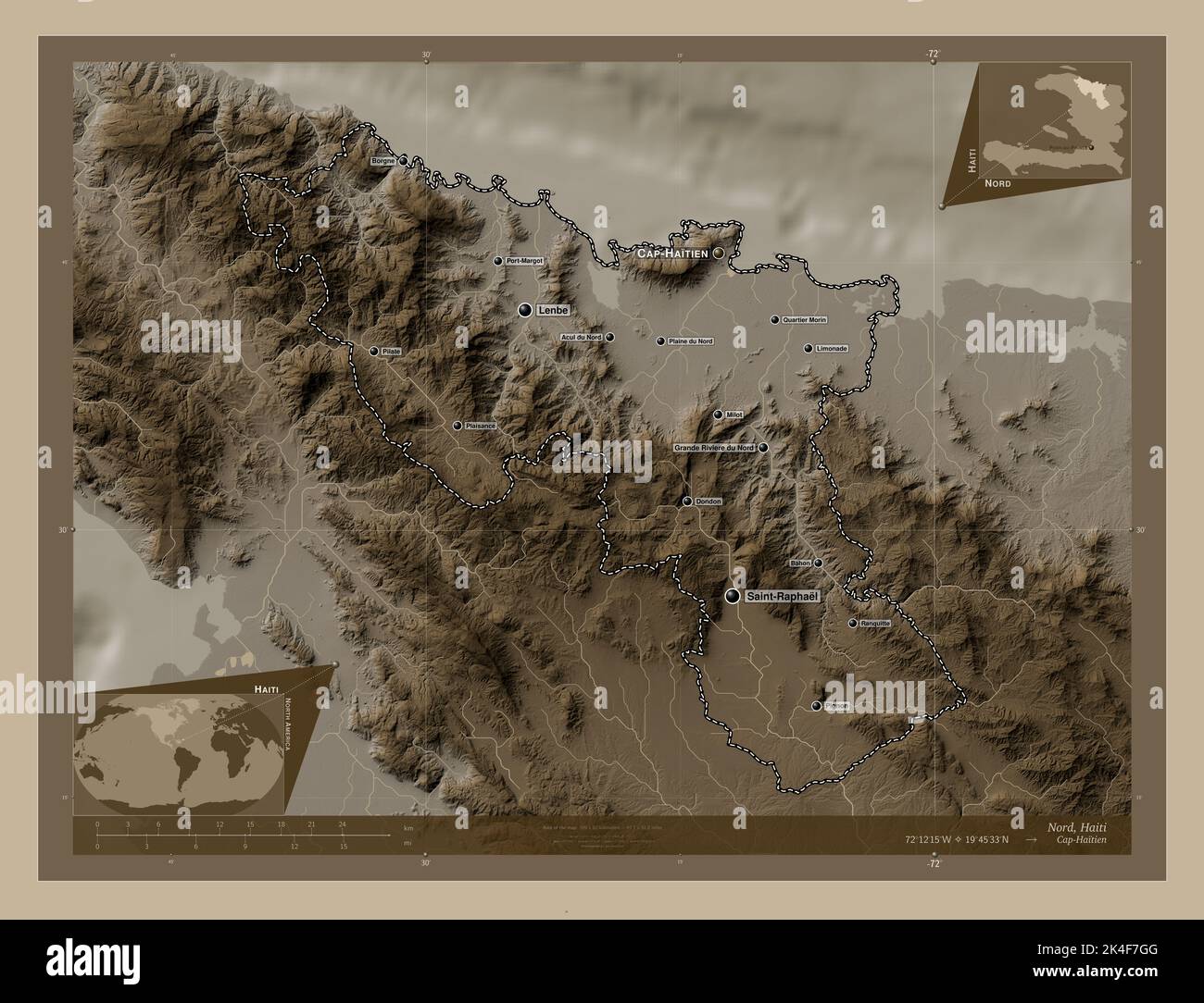 Nord, department of Haiti. Elevation map colored in sepia tones with ...