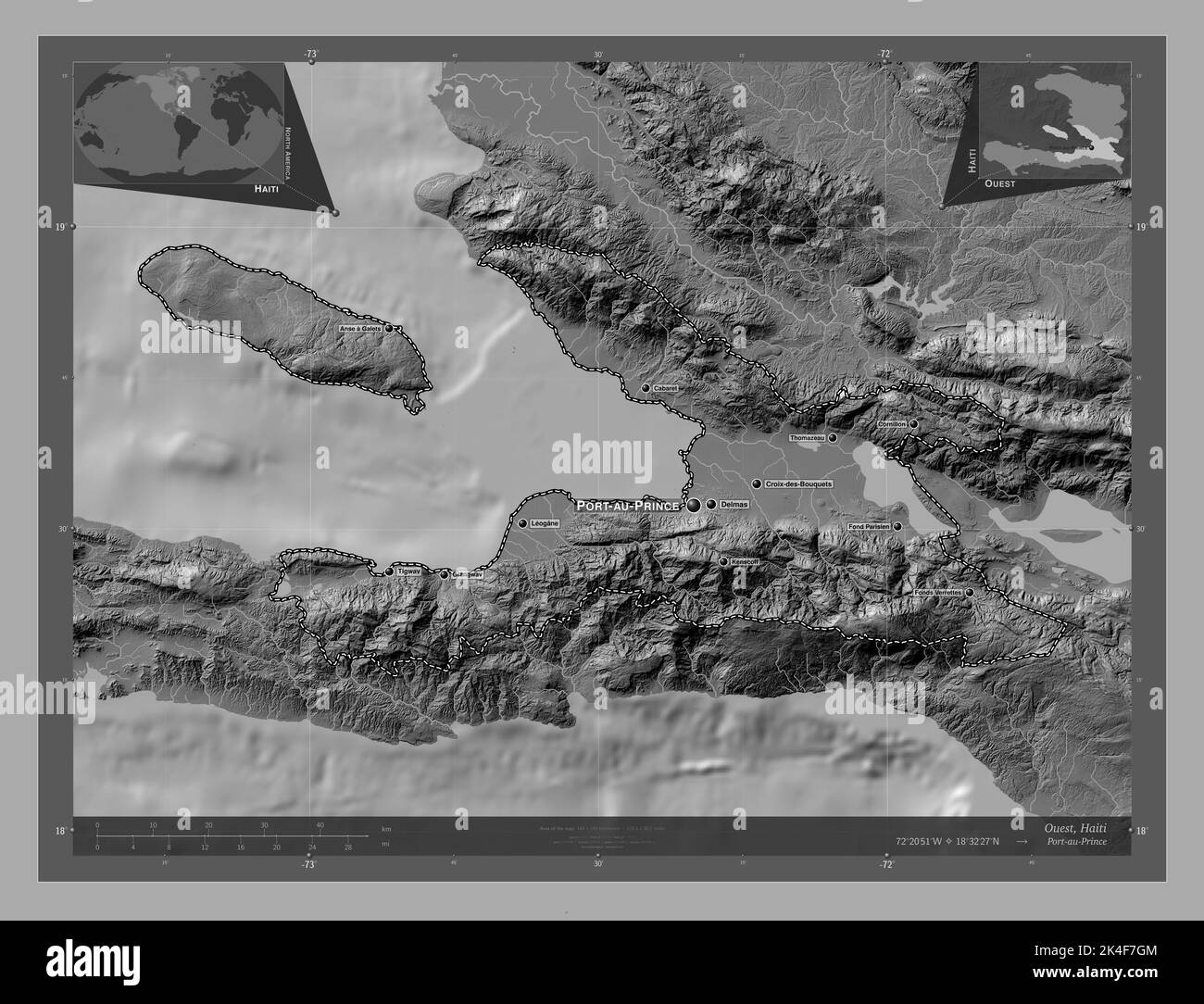 Ouest, department of Haiti. Bilevel elevation map with lakes and rivers ...