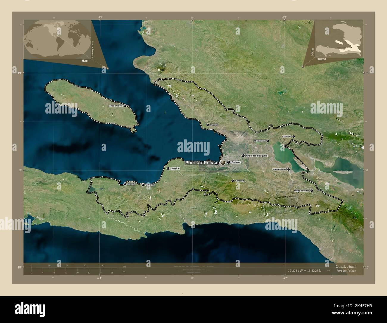 Ouest, department of Haiti. High resolution satellite map. Locations ...