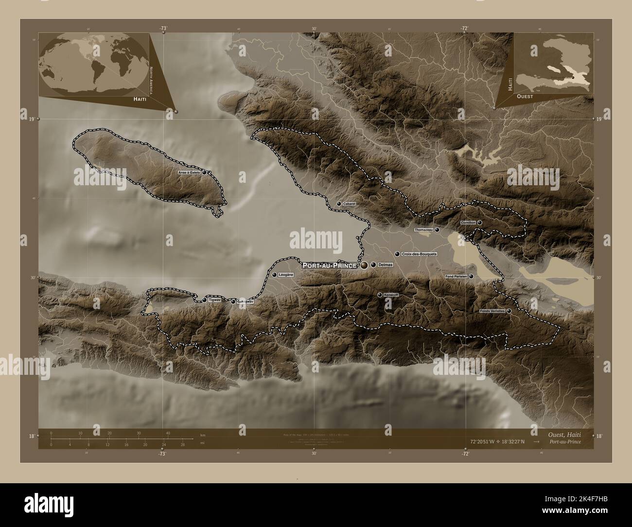Ouest, department of Haiti. Elevation map colored in sepia tones with ...