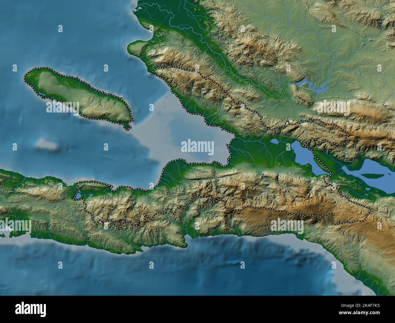 Ouest, department of Haiti. Colored elevation map with lakes and rivers ...