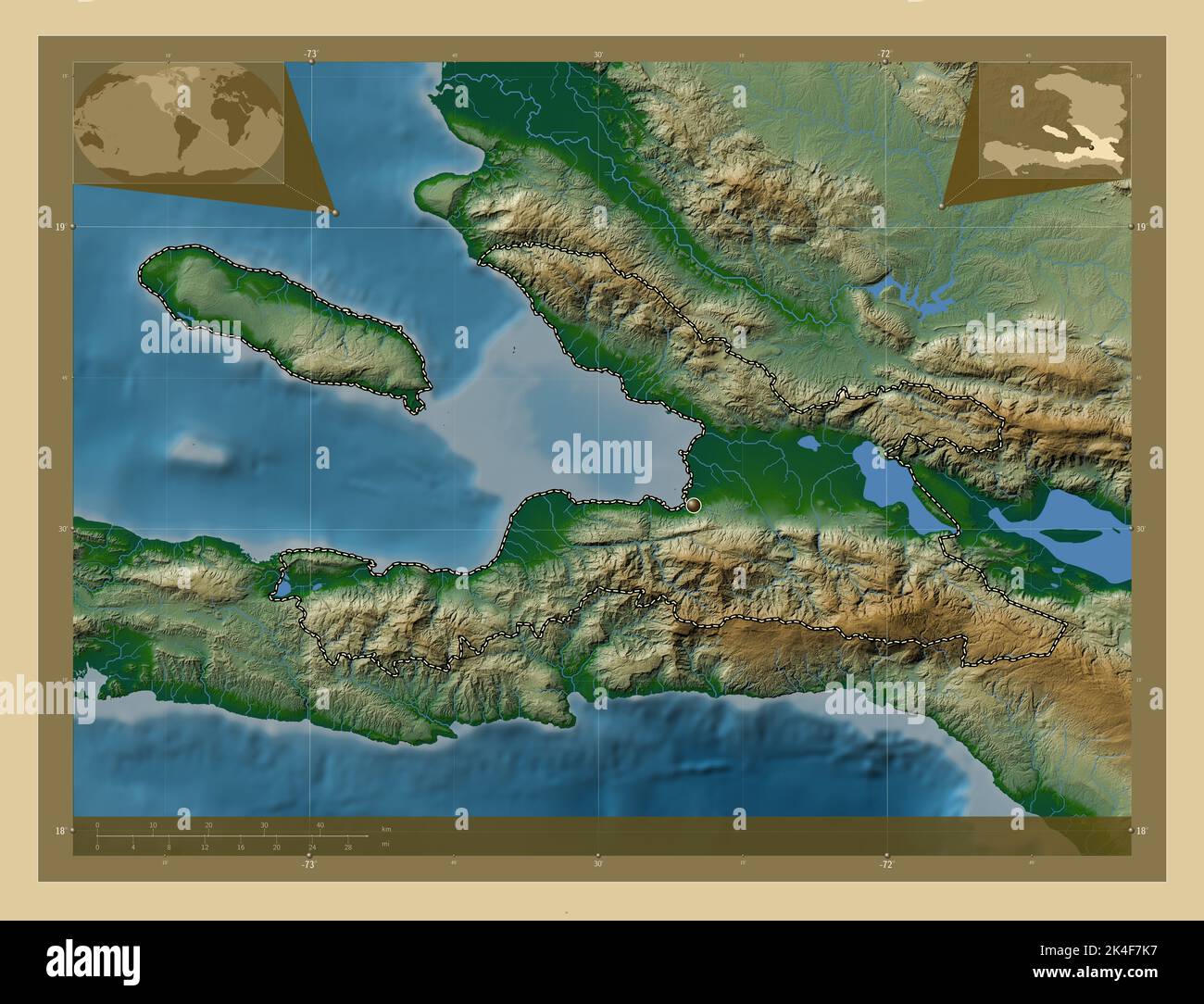 Ouest, department of Haiti. Colored elevation map with lakes and rivers. Corner auxiliary ...