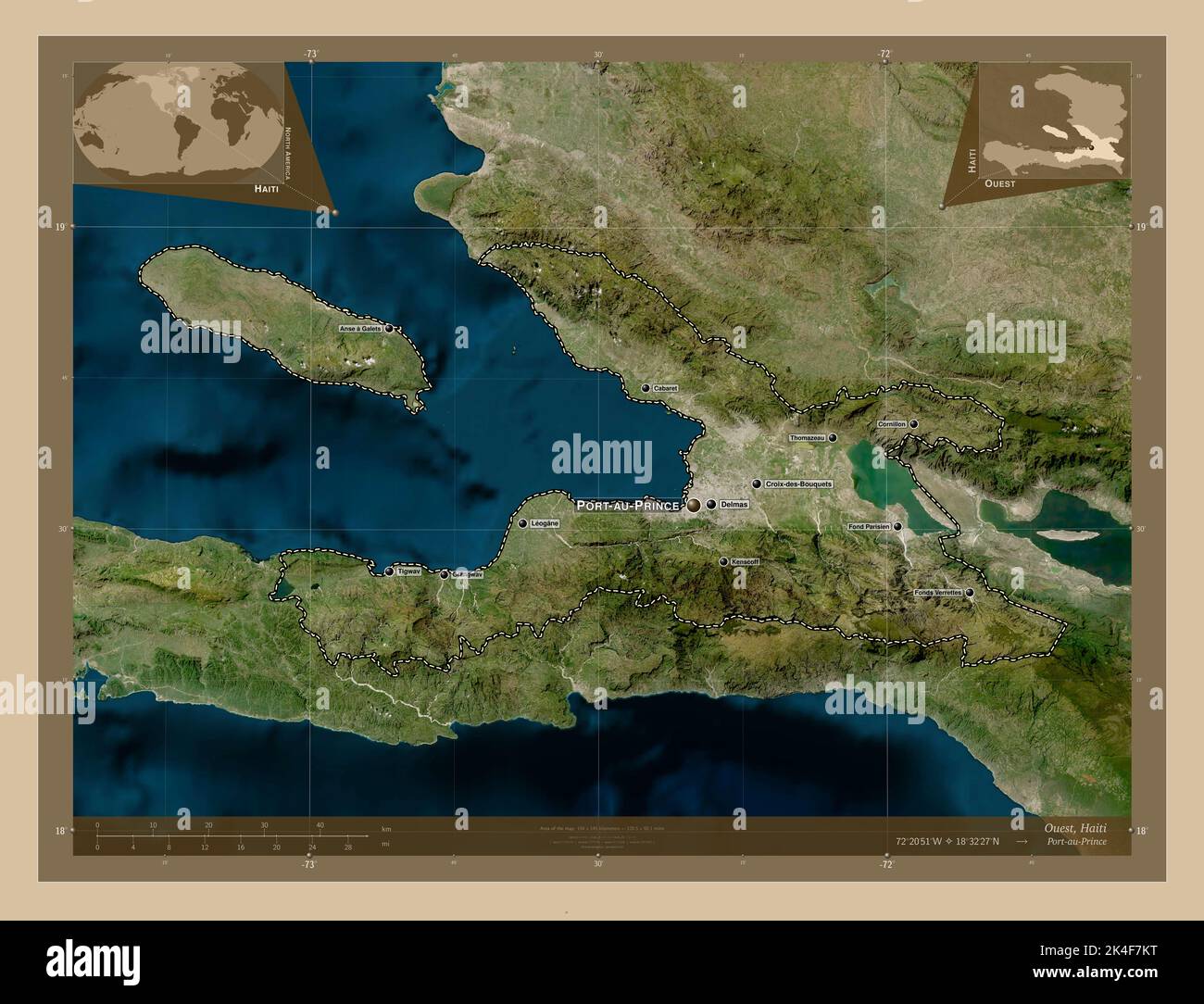 Ouest, department of Haiti. Low resolution satellite map. Locations and ...