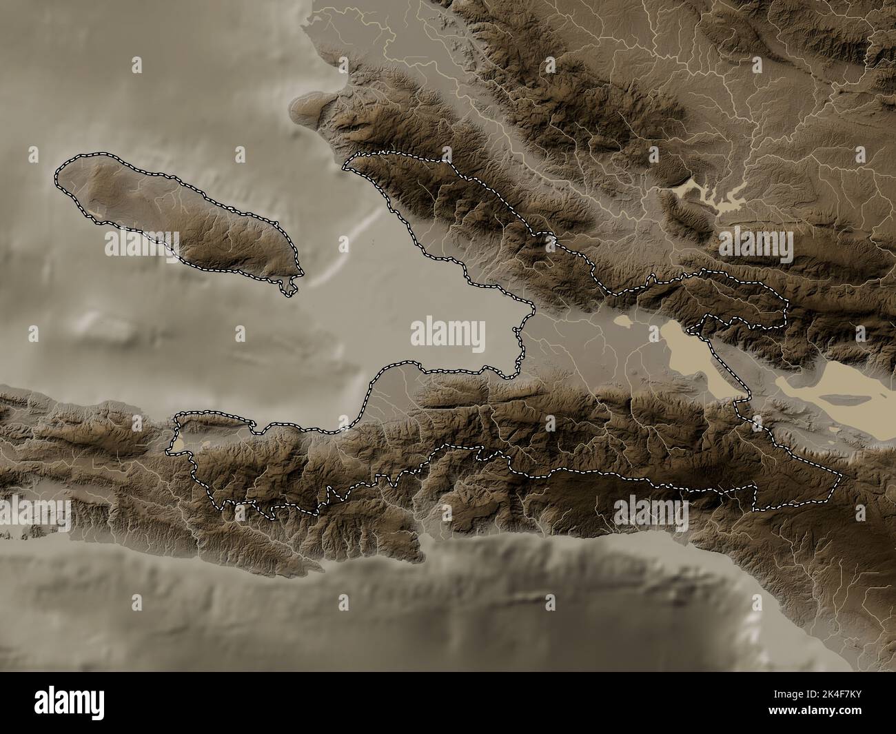 Ouest, department of Haiti. Elevation map colored in sepia tones with ...