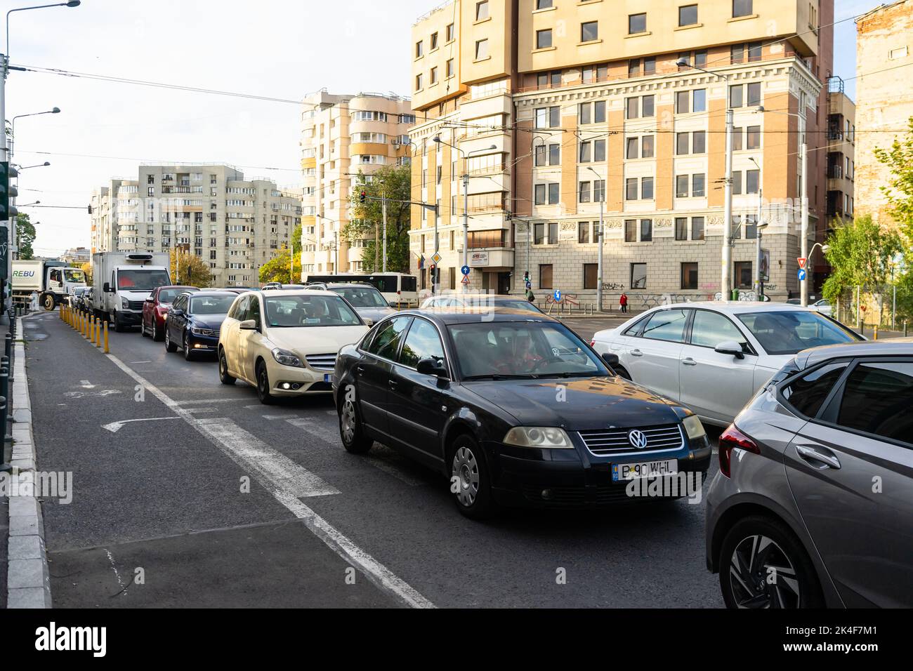 Car traffic at rush hour. Car pollution, traffic jam in Bucharest ...