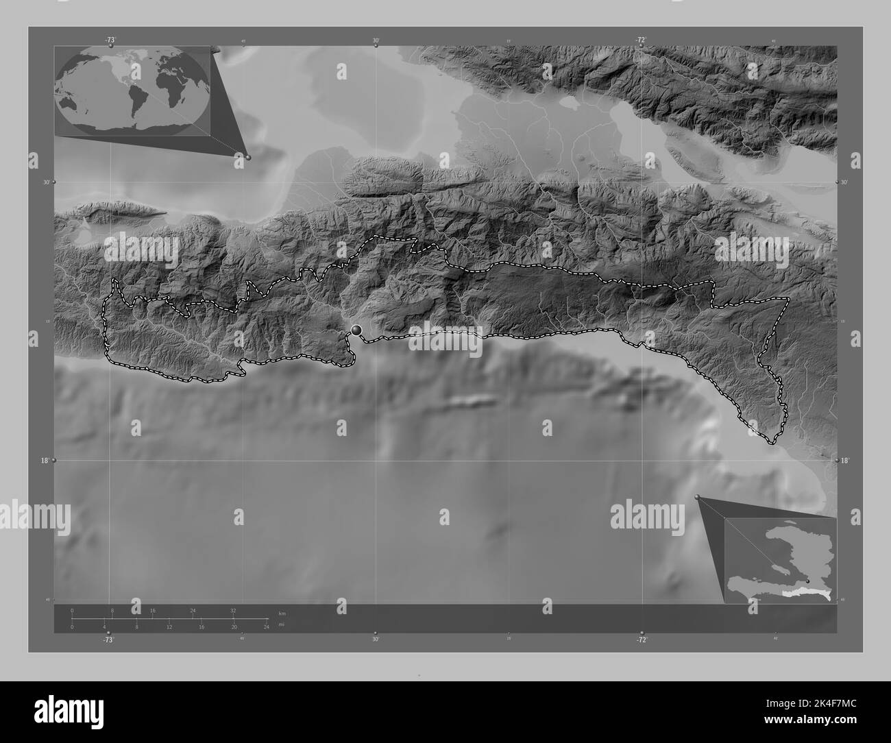 Sud-Est, department of Haiti. Grayscale elevation map with lakes and ...
