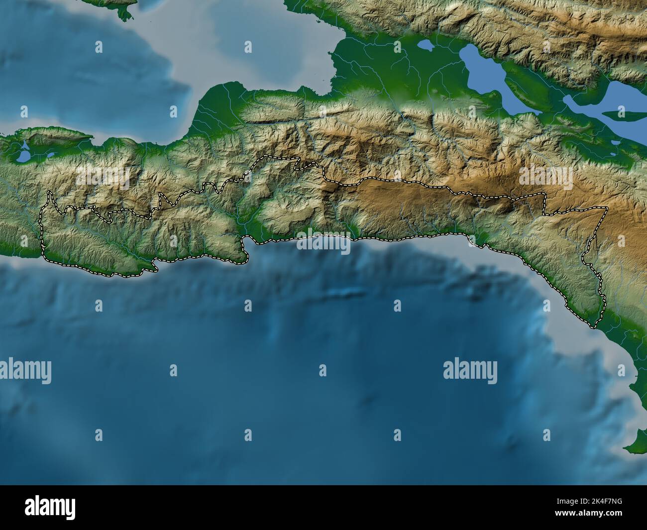 Sud-Est, department of Haiti. Colored elevation map with lakes and ...