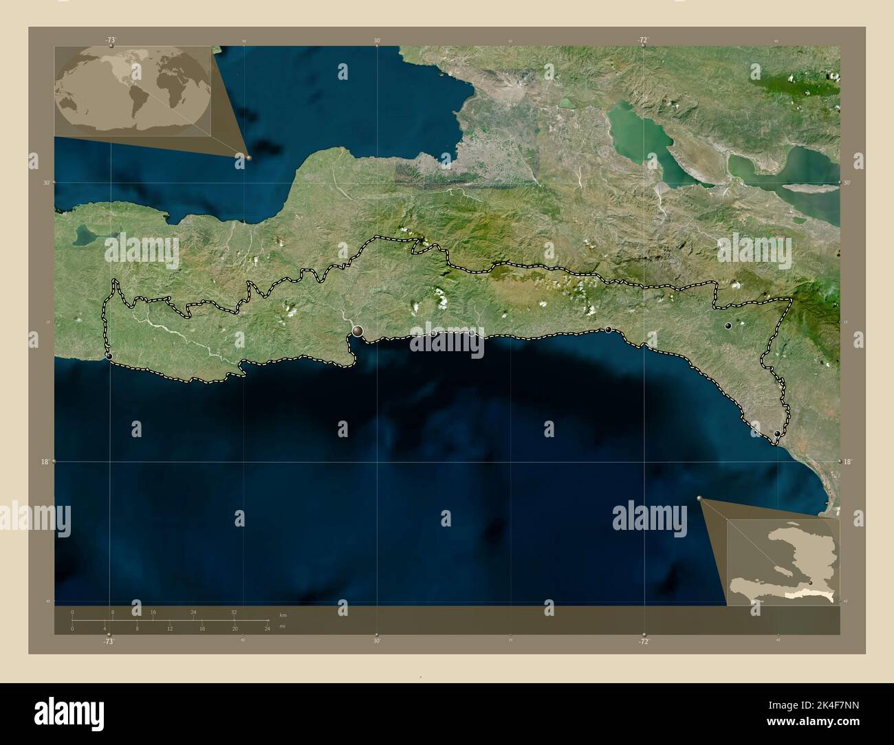 Sud-Est, department of Haiti. High resolution satellite map. Locations ...