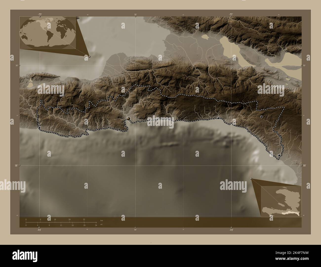 Sud-Est, department of Haiti. Elevation map colored in sepia tones with ...