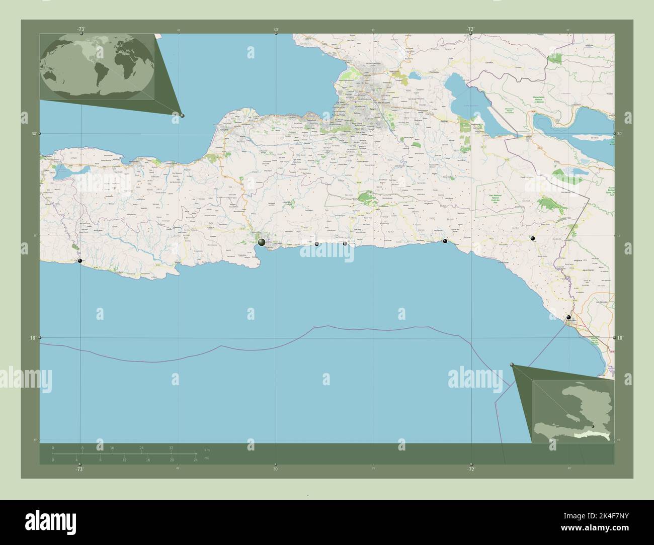 Sud-Est, department of Haiti. Open Street Map. Locations of major cities of the region. Corner ...