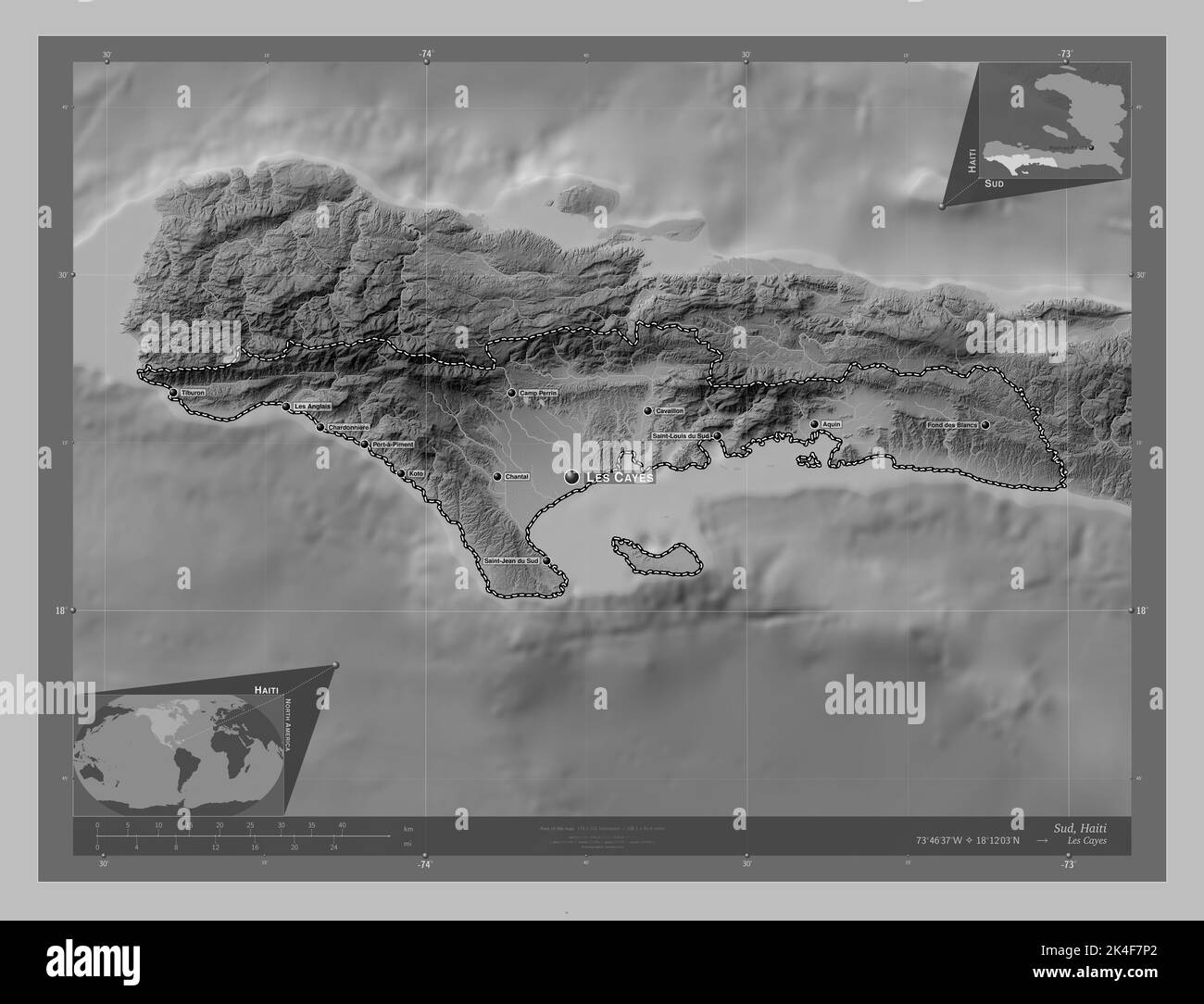 Sud, department of Haiti. Grayscale elevation map with lakes and rivers ...