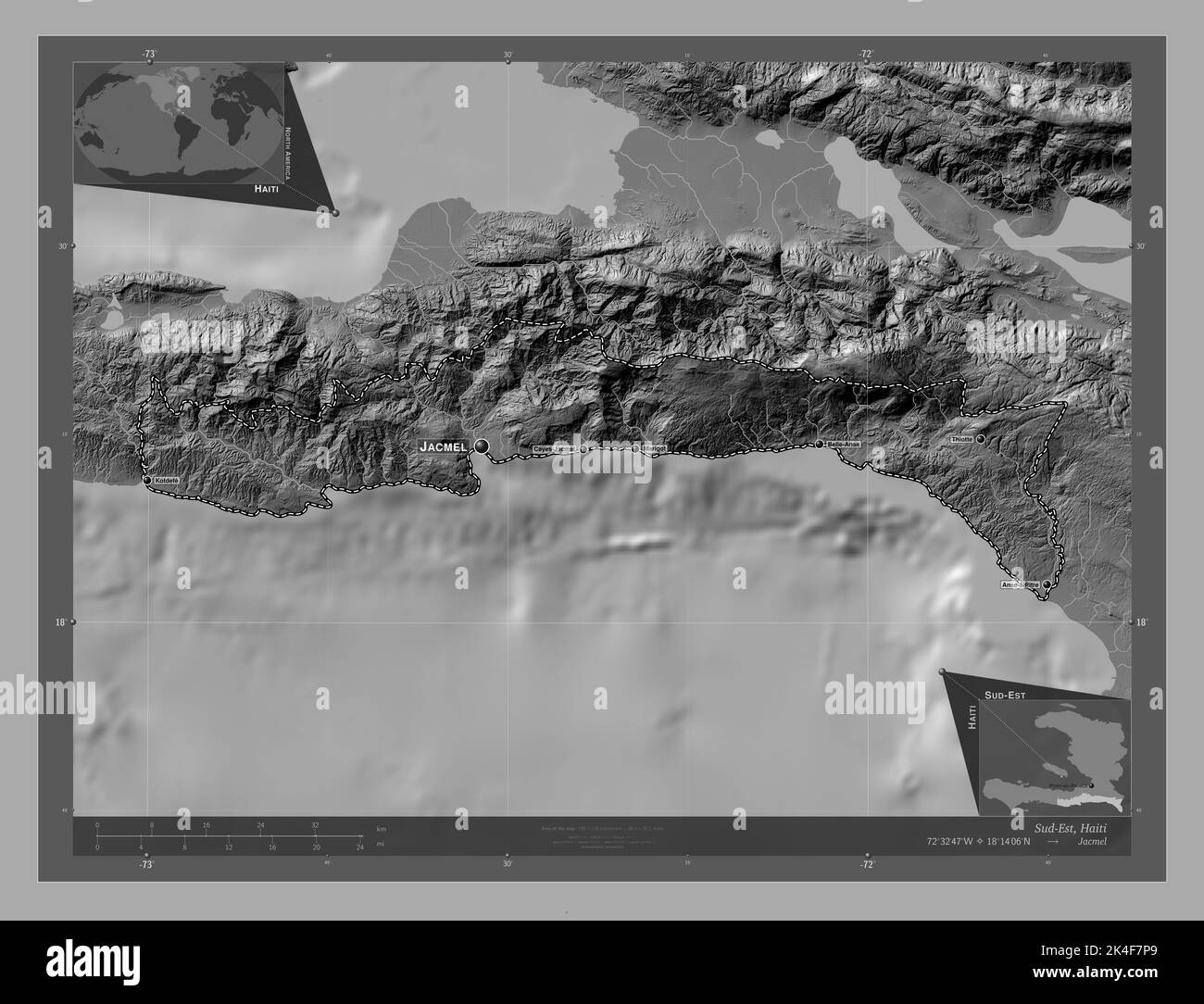 Sud-Est, department of Haiti. Bilevel elevation map with lakes and rivers. Locations and names ...