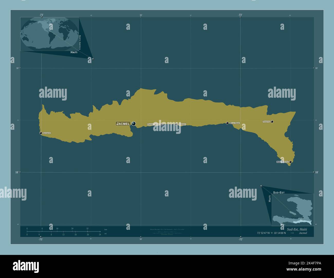 Sud-Est, department of Haiti. Solid color shape. Locations and names of ...