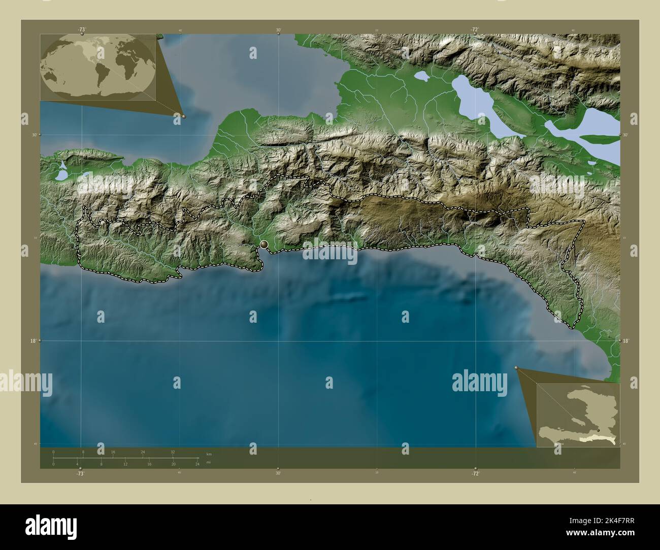 Sud-Est, department of Haiti. Elevation map colored in wiki style with ...
