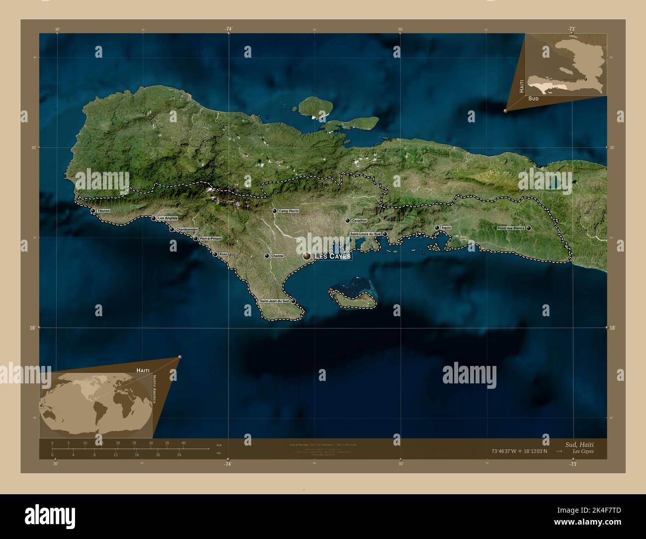 Sud, department of Haiti. Low resolution satellite map. Locations and ...