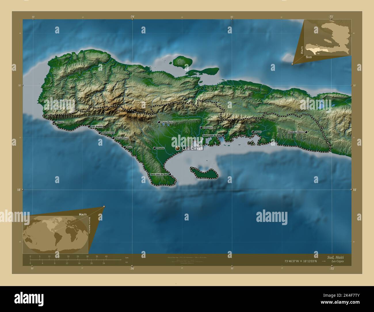 Sud, department of Haiti. Colored elevation map with lakes and rivers ...