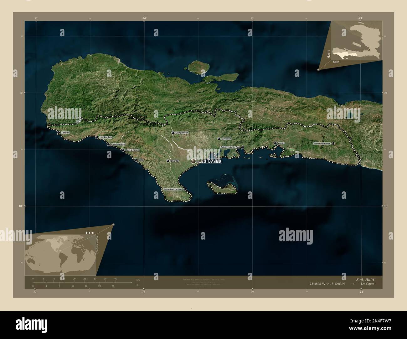 Sud, department of Haiti. High resolution satellite map. Locations and ...