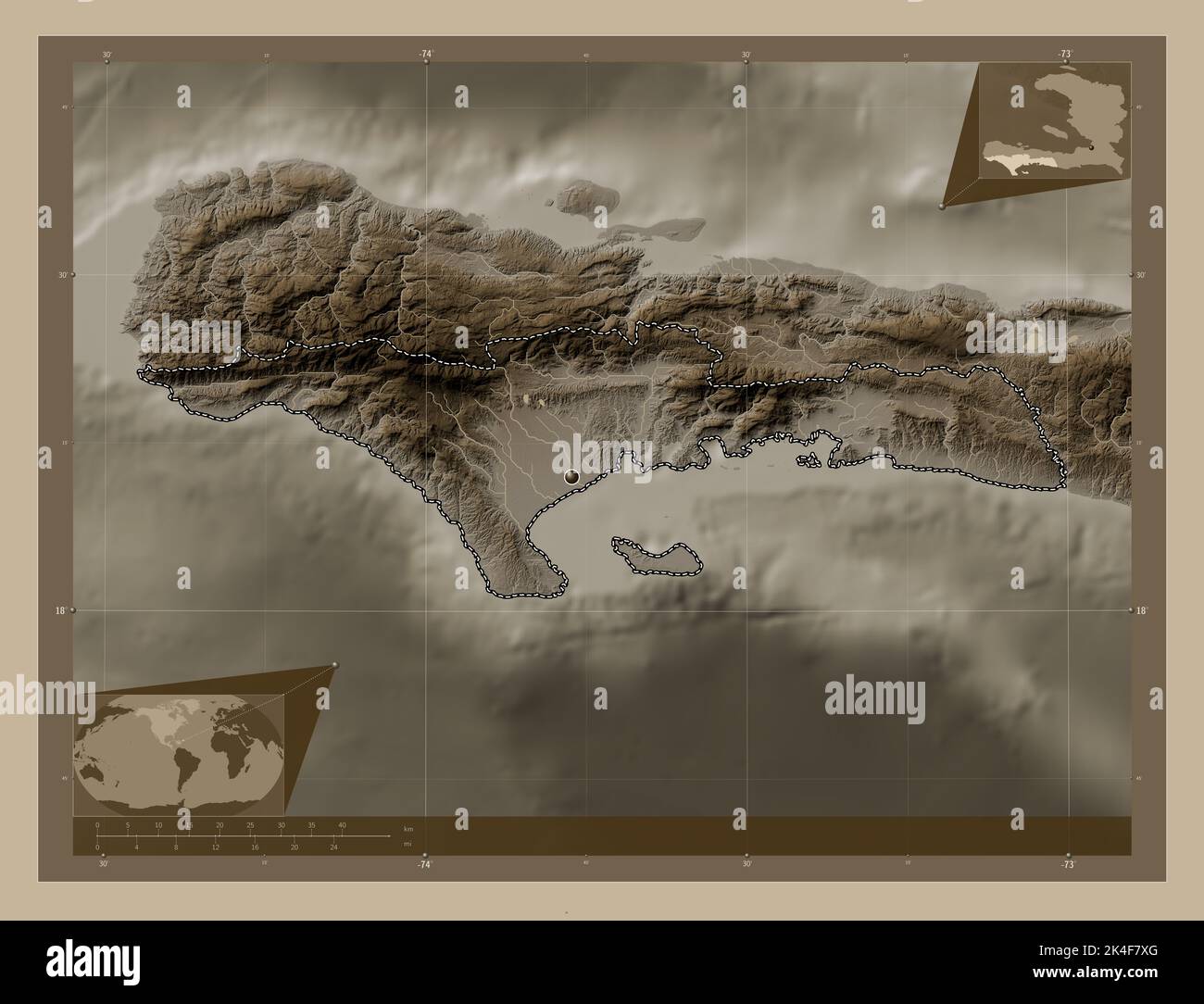 Sud, department of Haiti. Elevation map colored in sepia tones with ...
