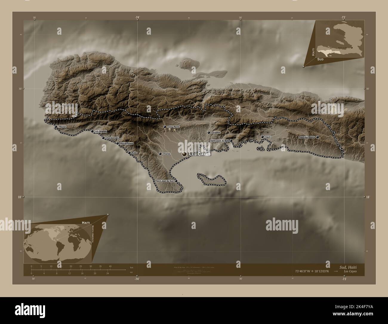 Sud, department of Haiti. Elevation map colored in sepia tones with ...
