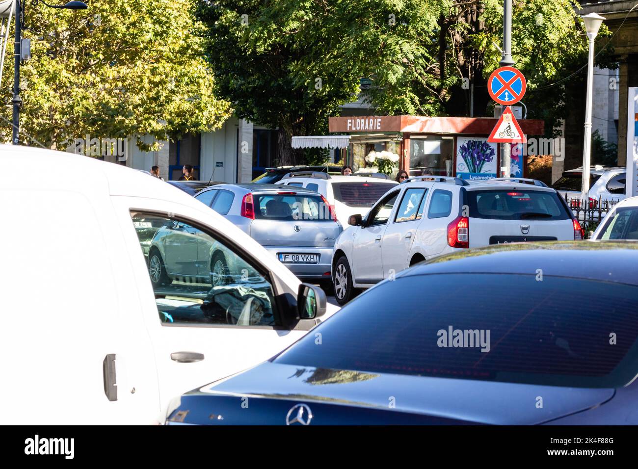 Car traffic at rush hour. Car pollution, traffic jam in Bucharest ...