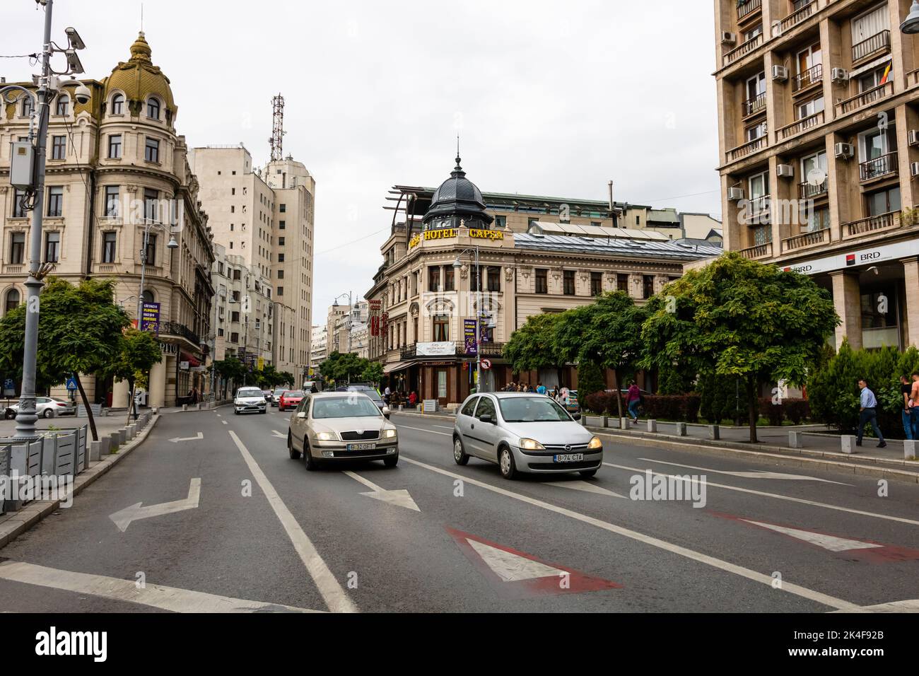 Car traffic at rush hour. Car pollution, traffic jam in Bucharest ...