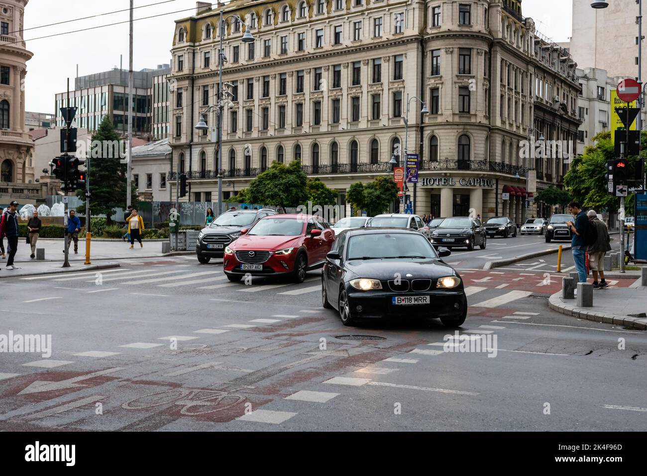 Car traffic at rush hour. Car pollution, traffic jam in Bucharest ...
