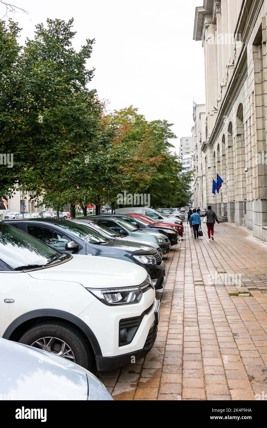Car traffic at rush hour. Car pollution, traffic jam in Bucharest ...