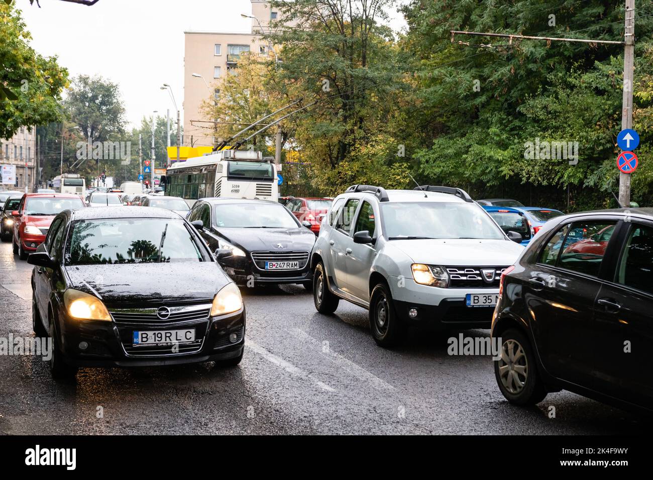 Car traffic at rush hour. Car pollution, traffic jam in Bucharest ...