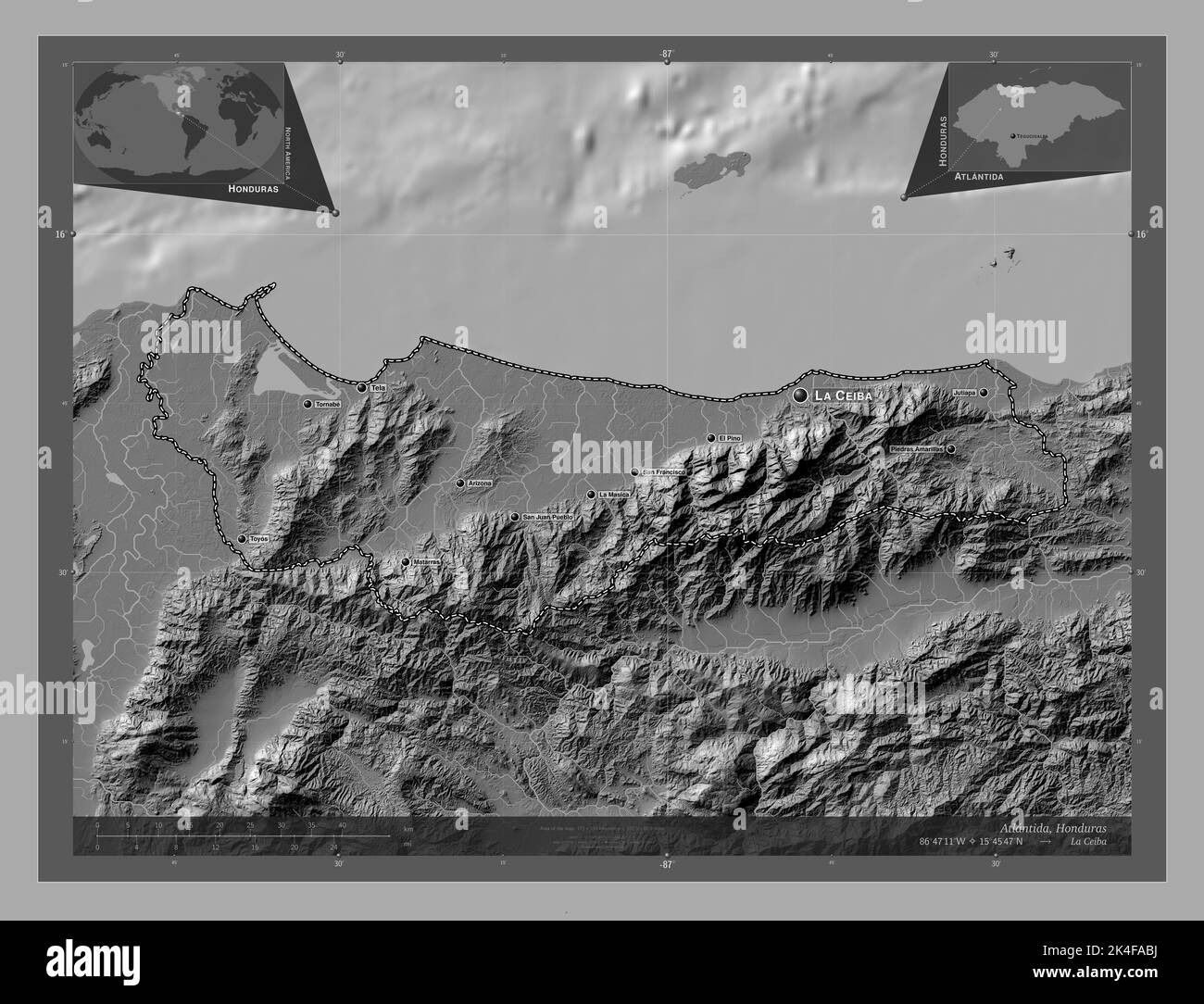 Atlantida, department of Honduras. Bilevel elevation map with lakes and ...