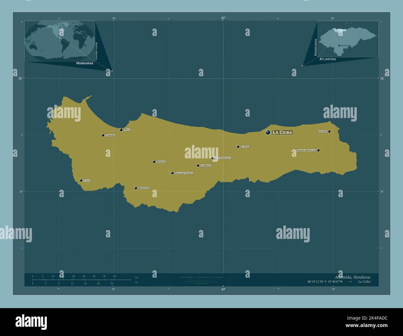 Atlantida, department of Honduras. Solid color shape. Locations and ...