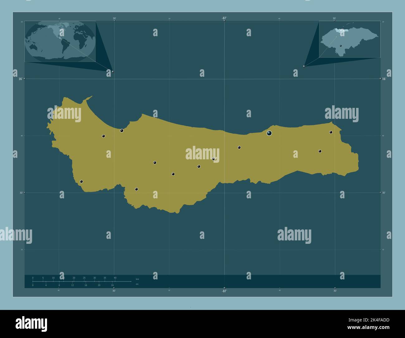 Atlantida, department of Honduras. Solid color shape. Locations of ...