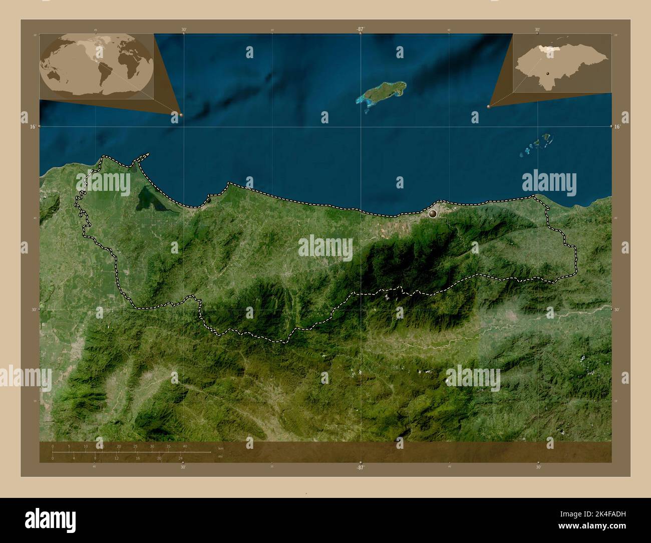 Atlantida, department of Honduras. Low resolution satellite map. Corner ...