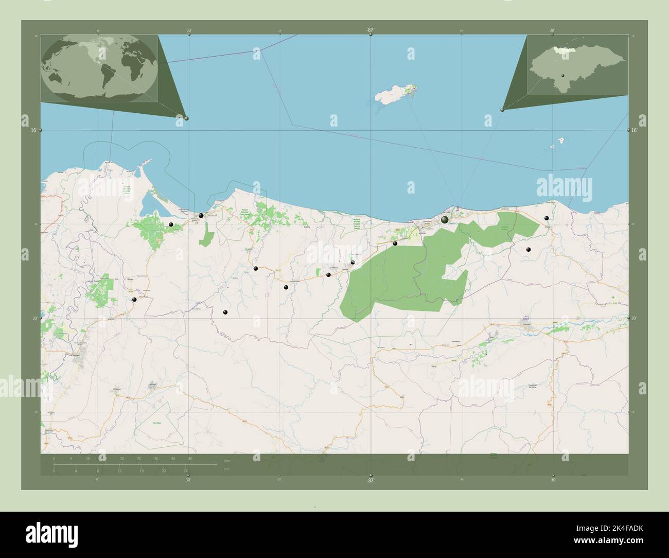 Atlantida, department of Honduras. Open Street Map. Locations of major ...