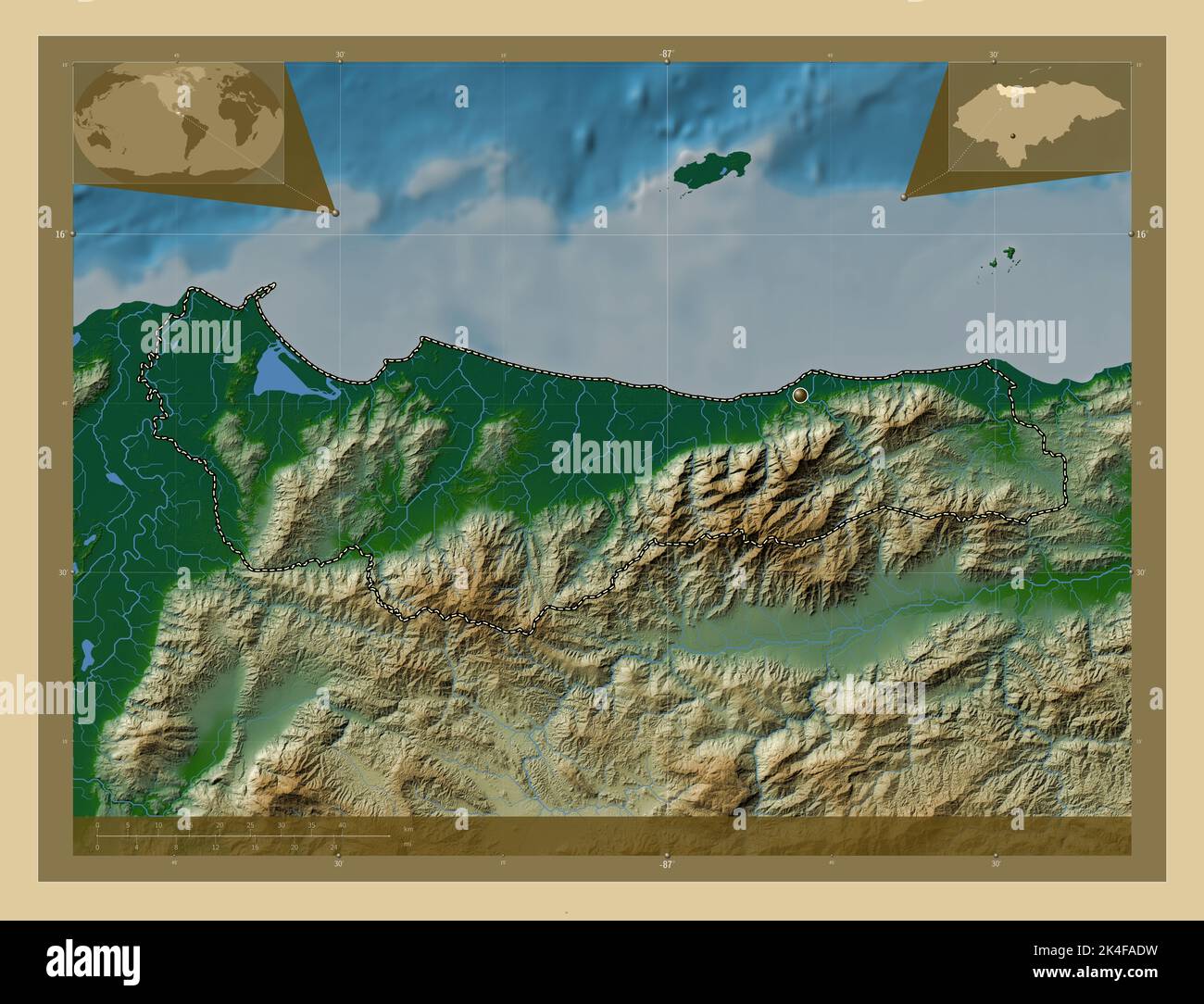 Atlantida, department of Honduras. Colored elevation map with lakes and rivers. Corner auxiliary ...