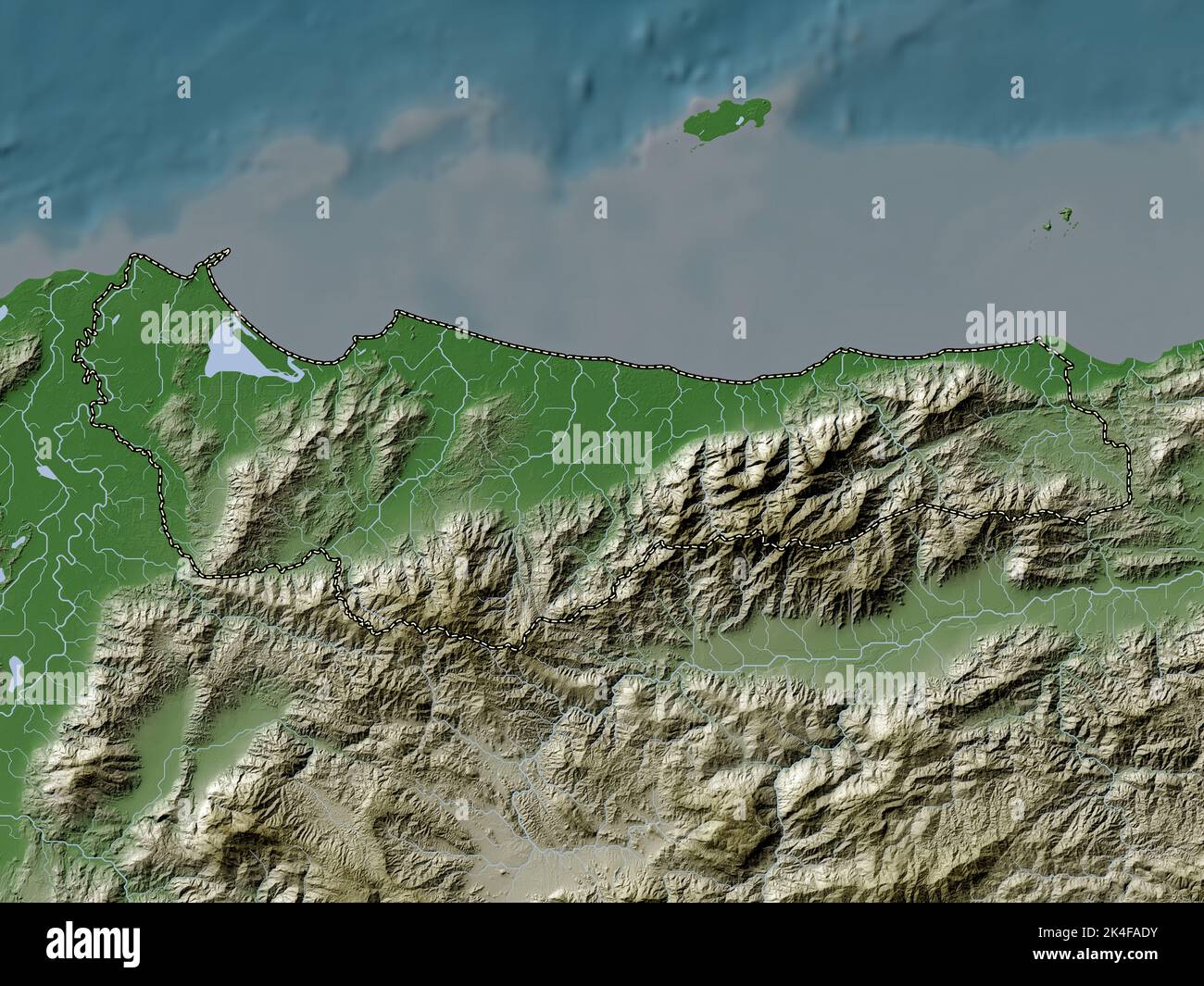Atlantida, department of Honduras. Elevation map colored in wiki style with lakes and rivers ...