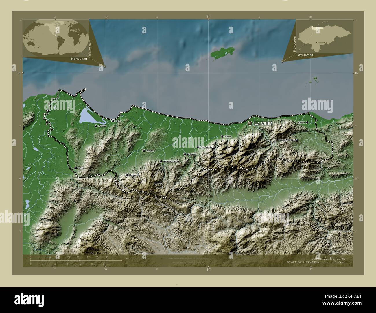 Atlantida, department of Honduras. Elevation map colored in wiki style ...