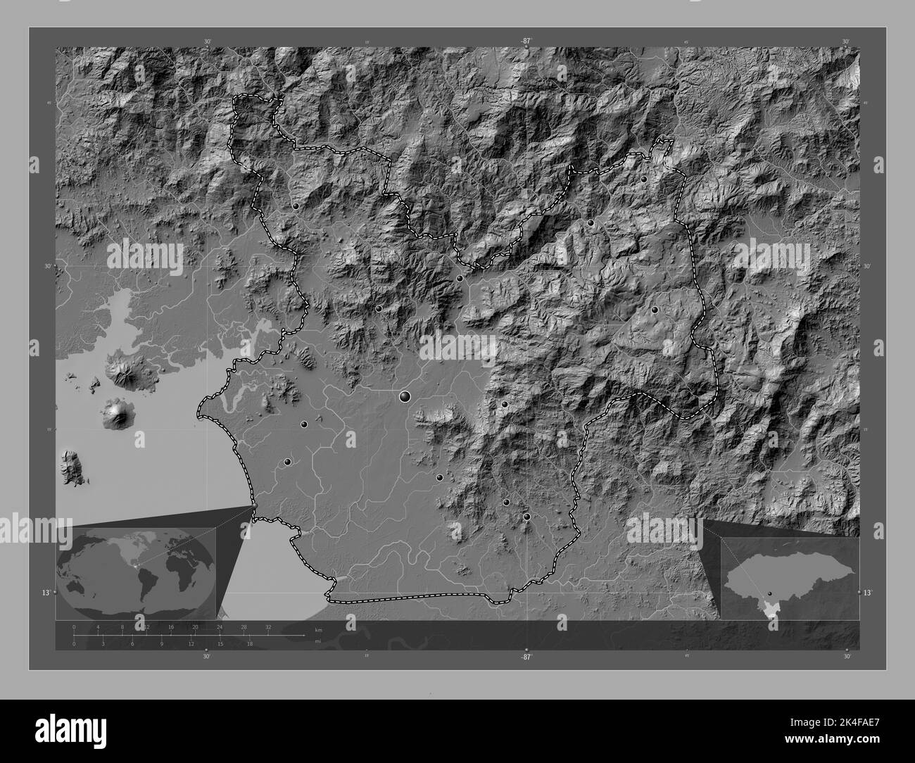Choluteca, department of Honduras. Bilevel elevation map with lakes and ...