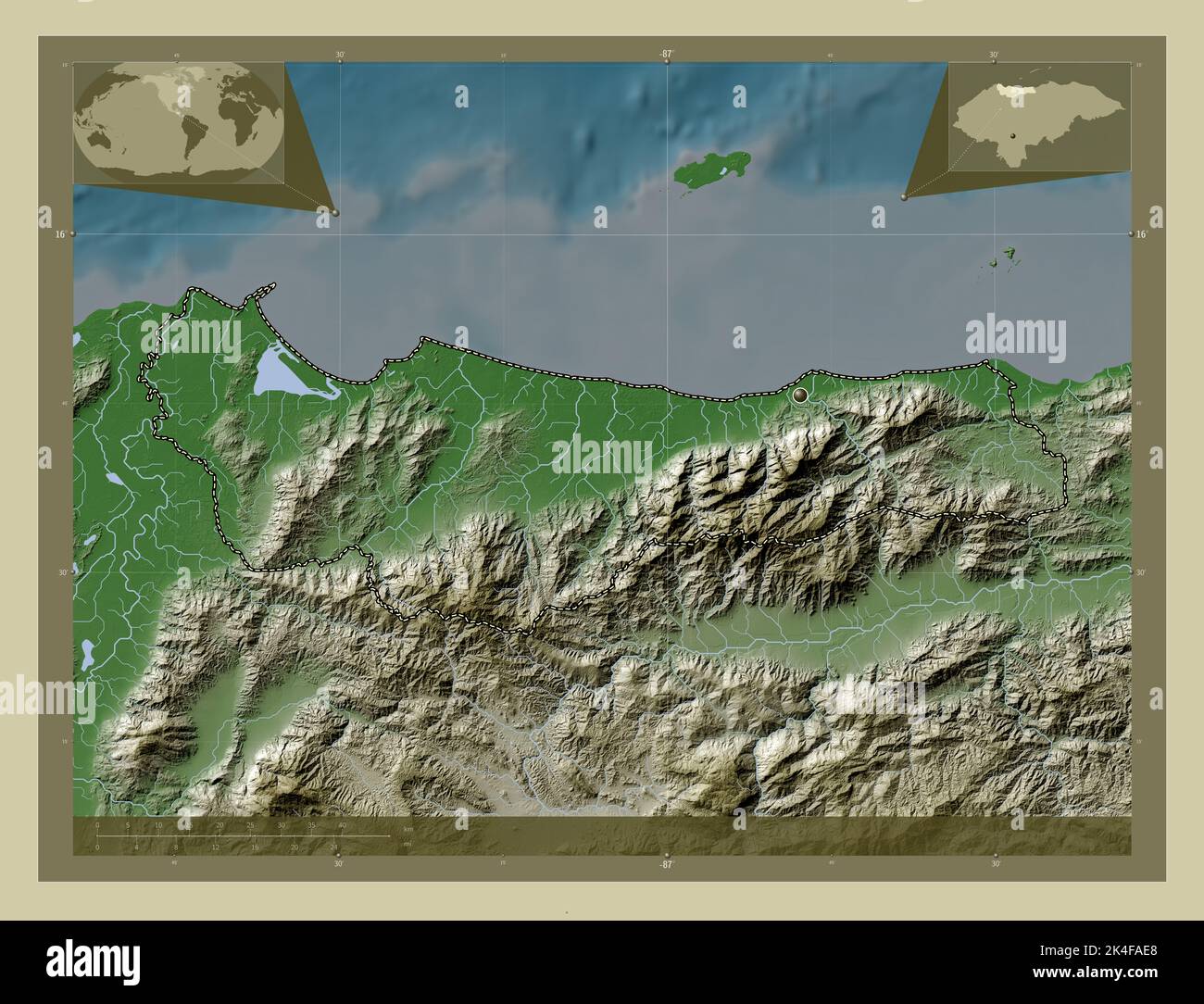 Atlantida, department of Honduras. Elevation map colored in wiki style with lakes and rivers ...