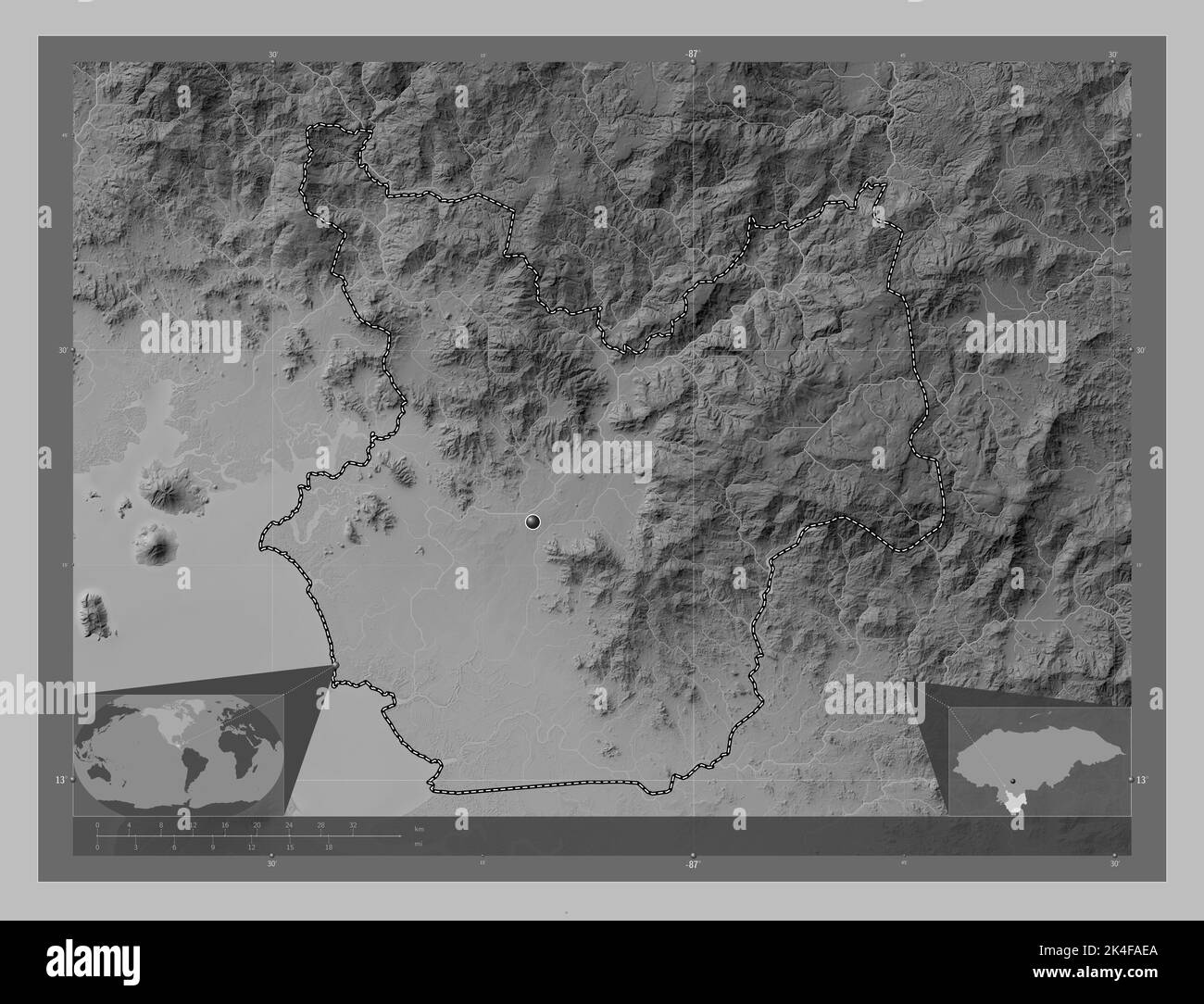 Choluteca, department of Honduras. Grayscale elevation map with lakes ...